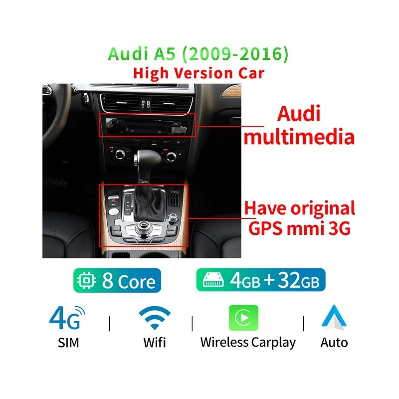 Radio Navegador Android para Audi A5 (2009-2016) Modelo MMI 3G 4-32GB RAM